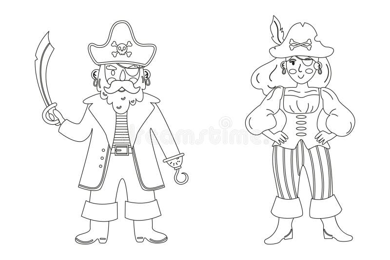 Pirate and Female Pirate Characters Outline Stock Vector - Illustration ...