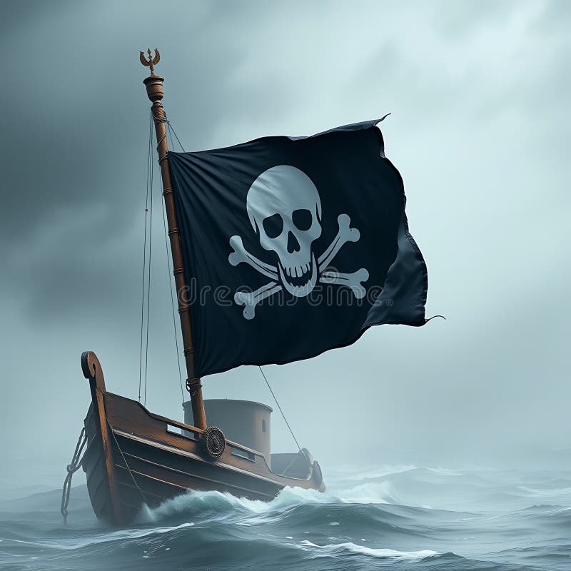 A Pirate Flag Tattered and Waving Above a Misty Shipwreck Stock ...