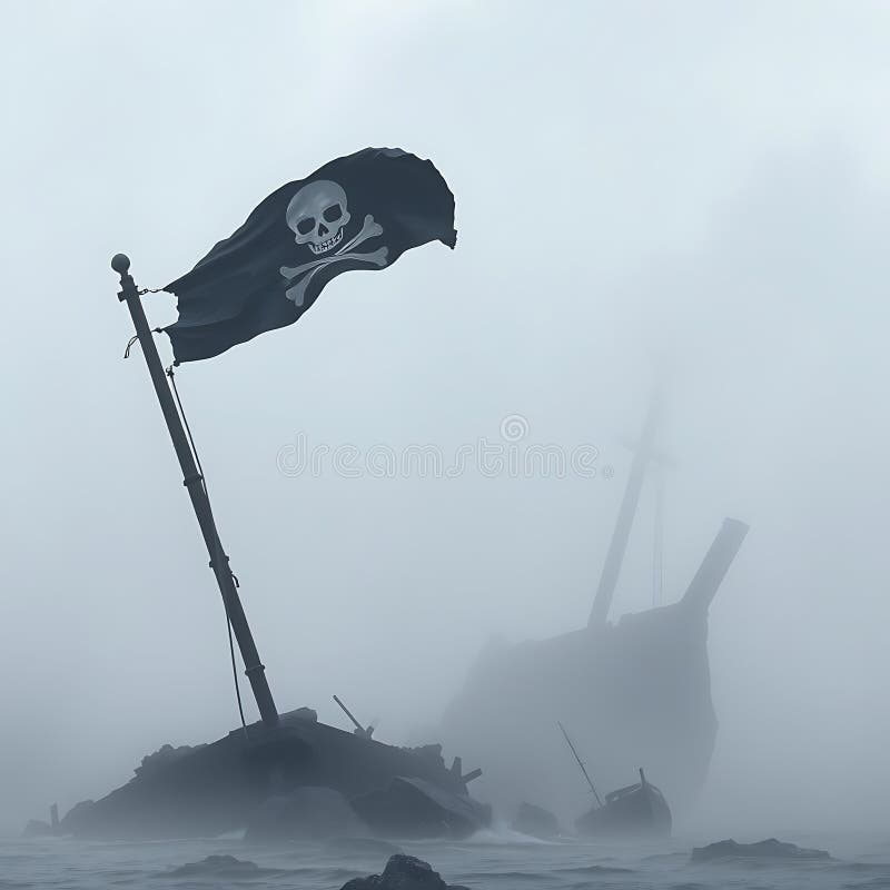 A Pirate Flag Tattered and Waving Above a Misty Shipwreck Stock ...