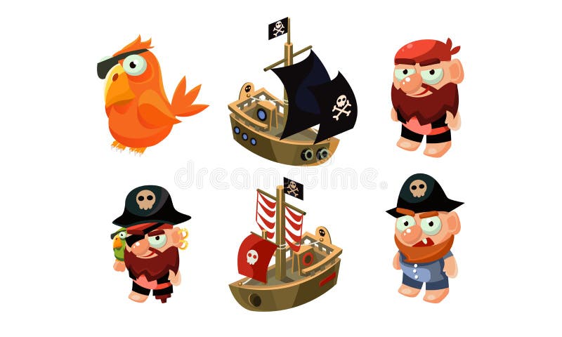 Pirate Game Elements Set, Male Pirate, Parrot, Ship, User Interface ...