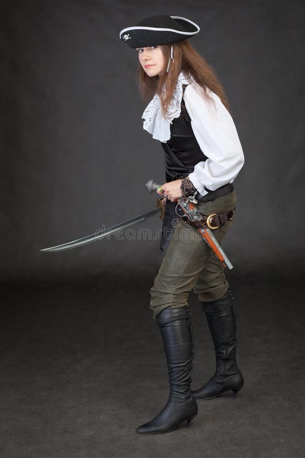 Pirate Girl with Sword Rush To the Attack on Blue Stock Photo - Image ...