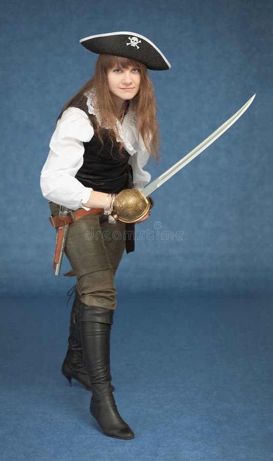 Pirate Girl with Sword Rush To the Attack on Blue Stock Photo - Image ...