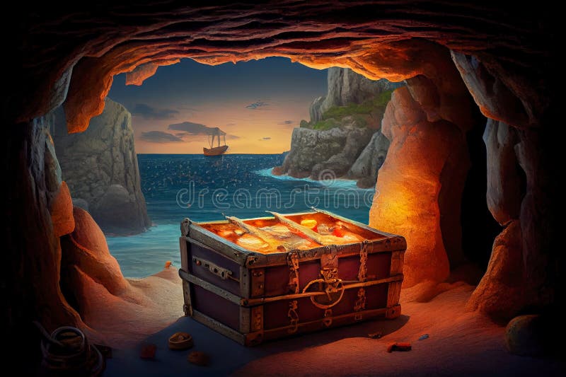 Pirate Gold Chest in a Cave on the Island. Generative AI, Generative ...