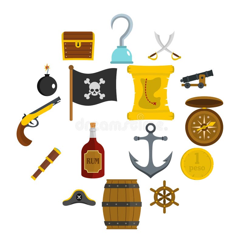 Pirate Icons Set in Flat Style Stock Vector - Illustration of flat ...