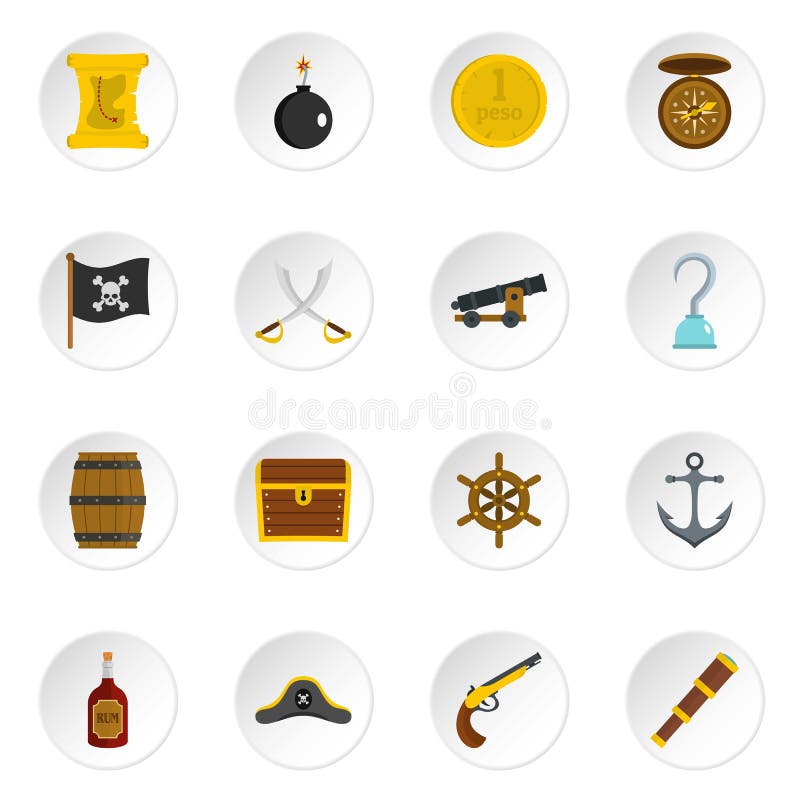 Pirate Icons Set in Flat Style Stock Vector - Illustration of coin ...