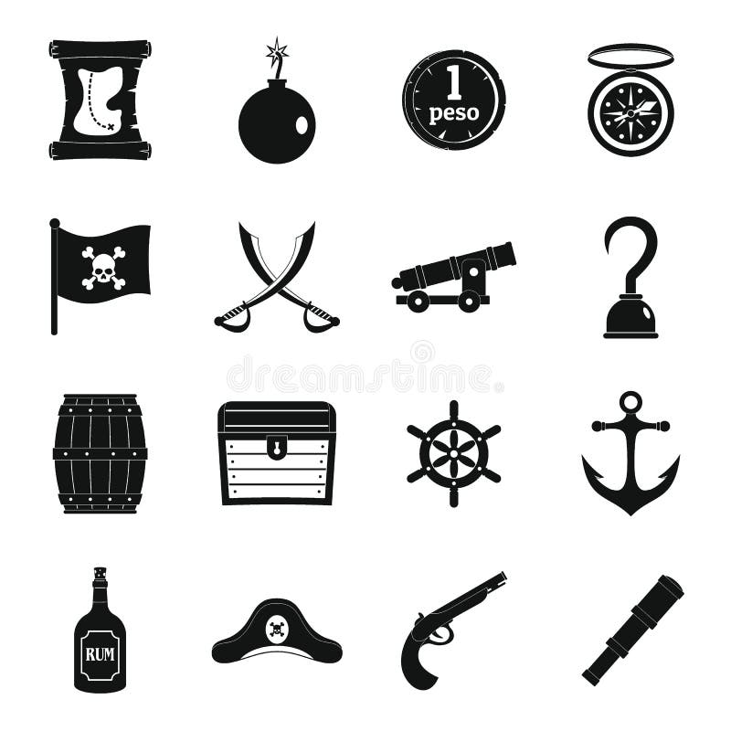 Pirate Icons Set, Simple Style Stock Vector - Illustration of gold ...