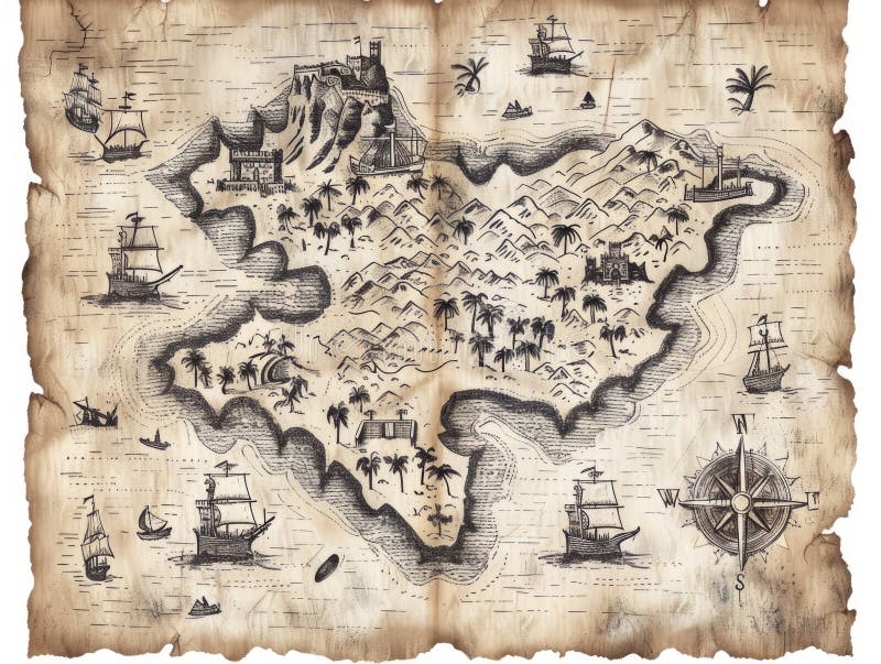 Pirate Island Map with Ships Stock Image - Image of seafarer, vintage ...
