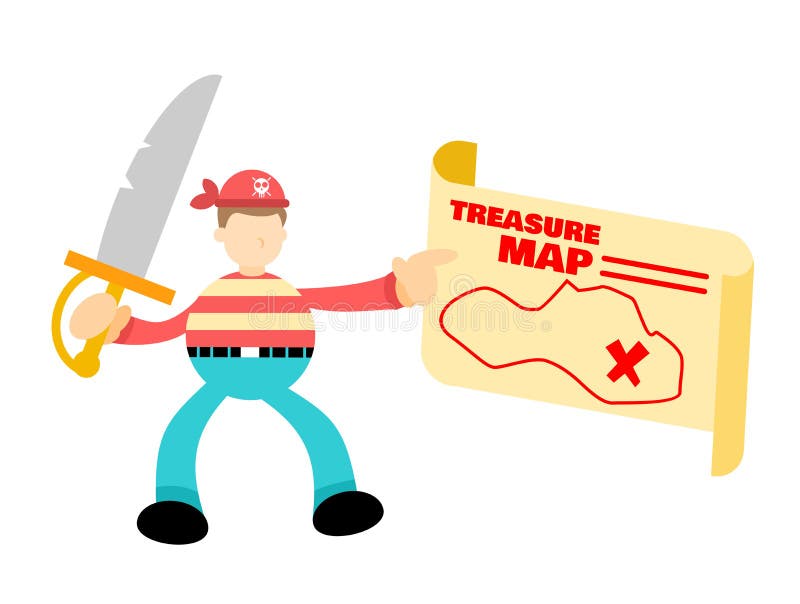 Pirate and Map Mark Treasure Cartoon Doodle Flat Design Vector ...