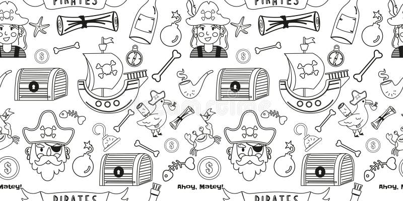 Pirate Outline Elements Seamless Pattern in Flat Stock Vector ...
