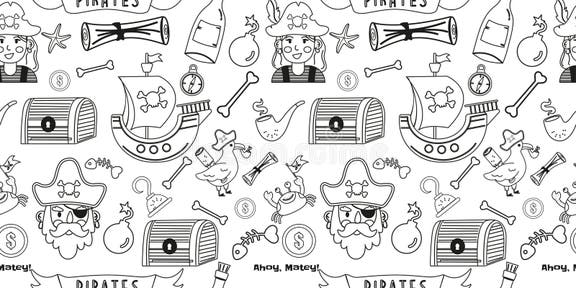 Pirate Outline Elements Seamless Pattern in Flat Stock Vector ...