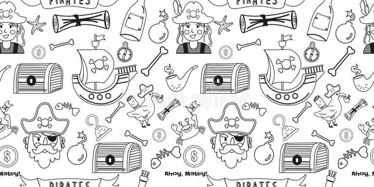 Pirate Outline Elements Seamless Pattern in Flat Stock Vector ...