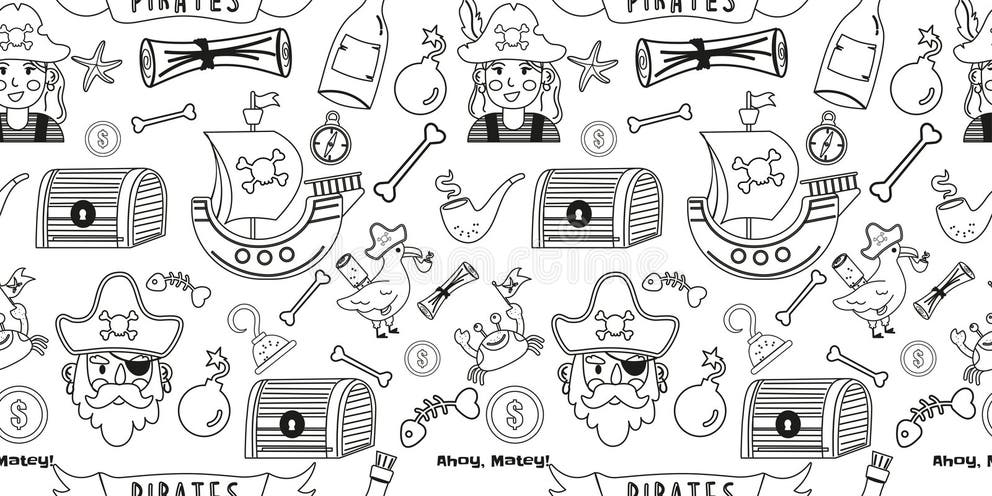 Pirate Outline Elements Seamless Pattern in Flat Stock Vector ...