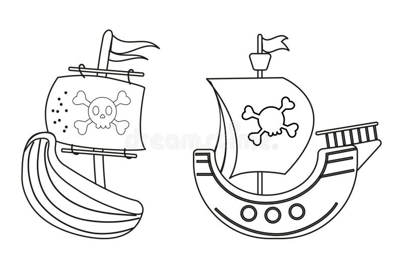 Pirate Outline Ship Collection Flat Style Stock Vector - Illustration ...