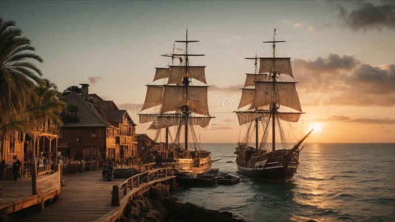 Pirate Port Overlooking Old Sailing Ship on Sunset Stock Illustration ...