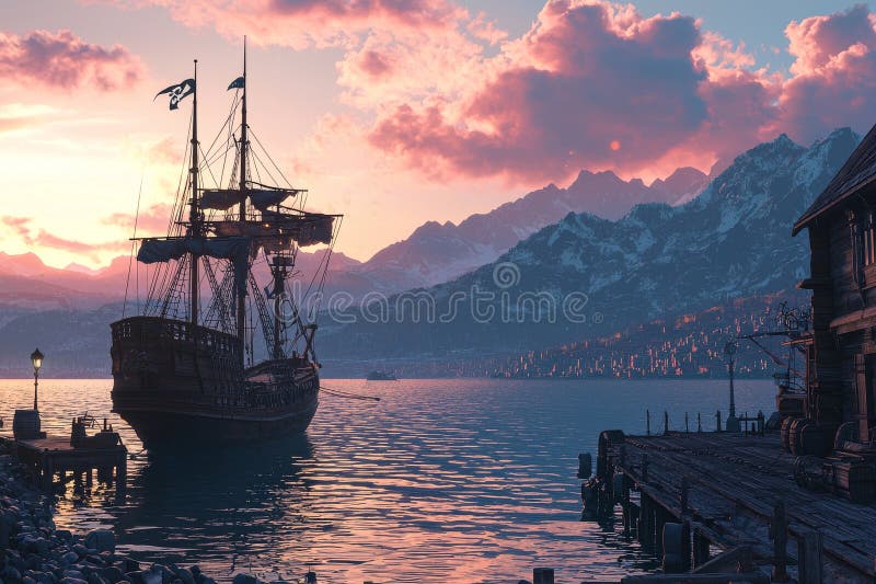 A Pirate Port with a View of Vintage Sailing Ships on the Sea at Sunset ...