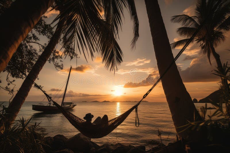 Pirate, Relaxing on Hammock Under Palm Trees with View of Sunset Stock ...