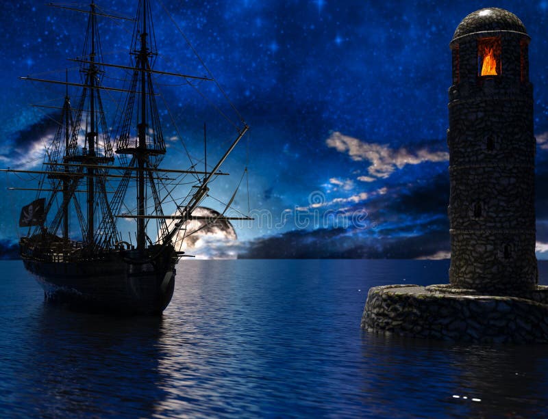 Pirate Sailship Near the Old Lighthouse with Fire at Moonlight Stock ...