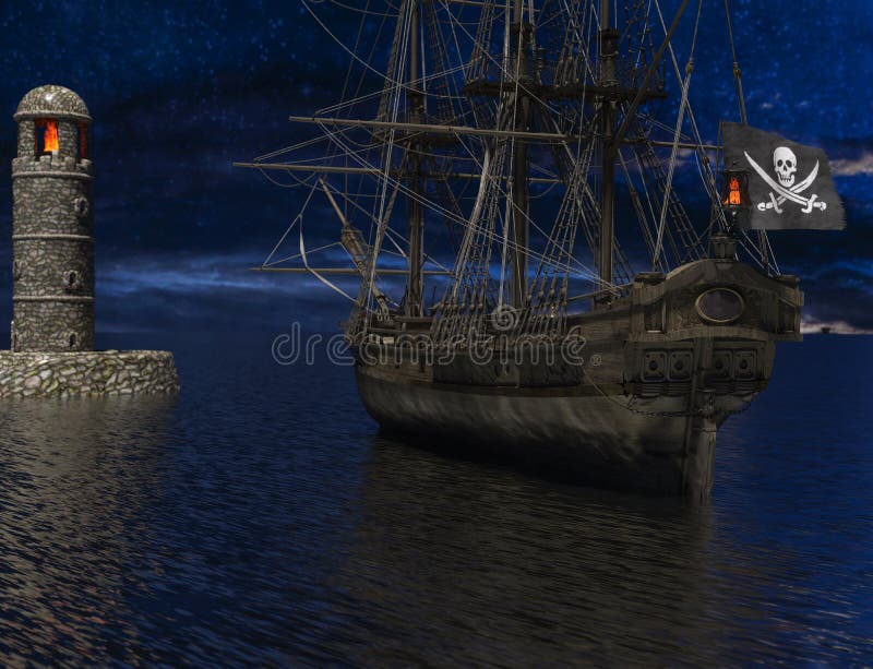 Pirate Sailship Near the Old Lighthouse with Fire at Moonlight Stock ...