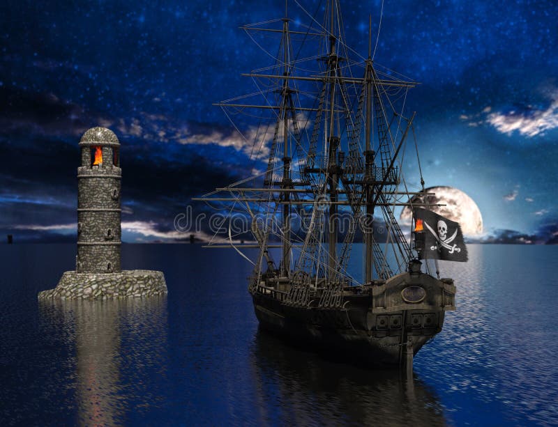 Pirate Sailship Near the Old Lighthouse with Fire at Moonlight Stock ...