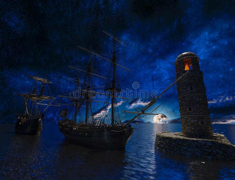 Pirate Sailship Near the Old Lighthouse with Fire at Moonlight Stock ...