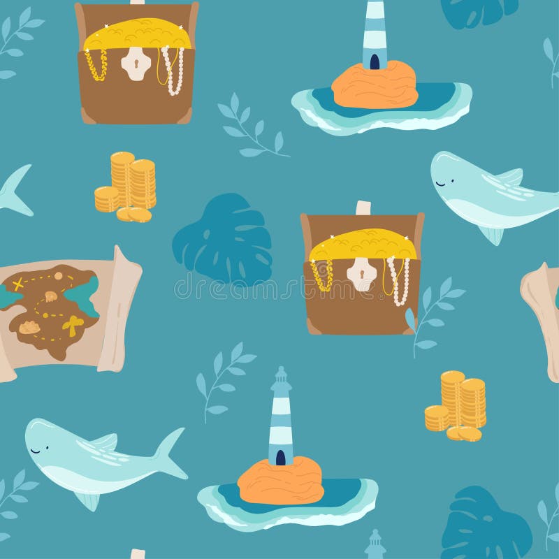 Pirate Sea Flat Vector Seamless Pattern. Sailing Backdrop Stock Vector ...