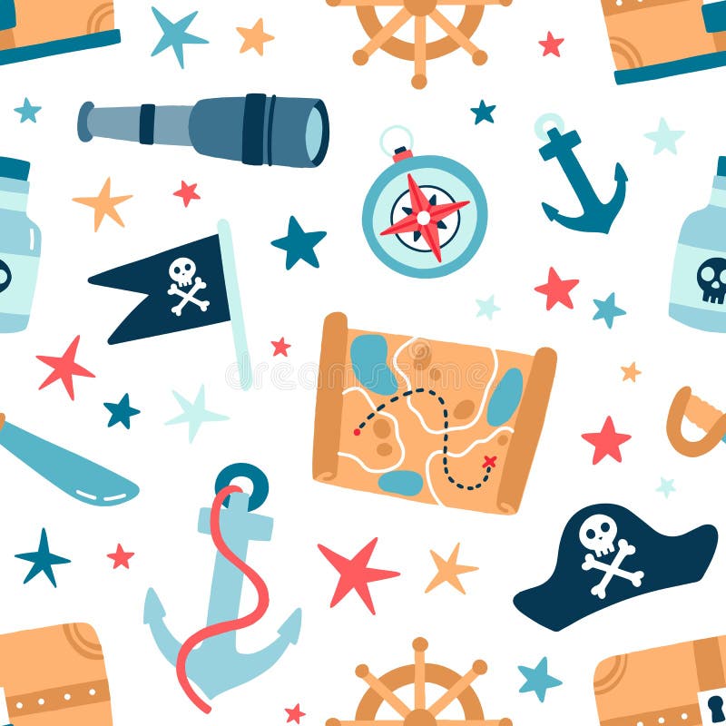 Pirate Sea Flat Vector Seamless Pattern. Sailing Backdrop Stock Vector ...