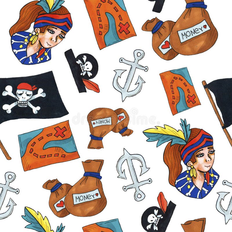 Pirate Party Seamless Pattern. Colorful Objects Repeating Background ...