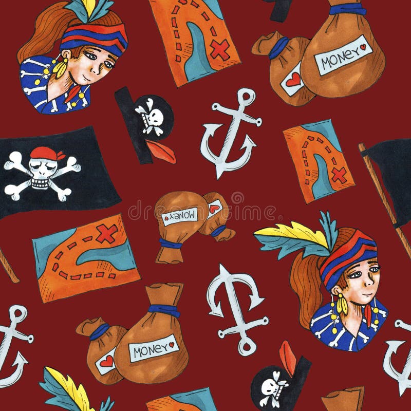 Pirate Party Seamless Pattern. Colorful Objects Repeating Background ...