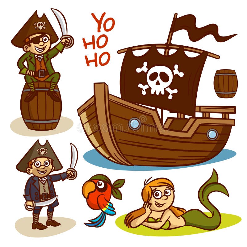 Pirate set. Ship. Mermaid stock vector. Illustration of icon - 74335354