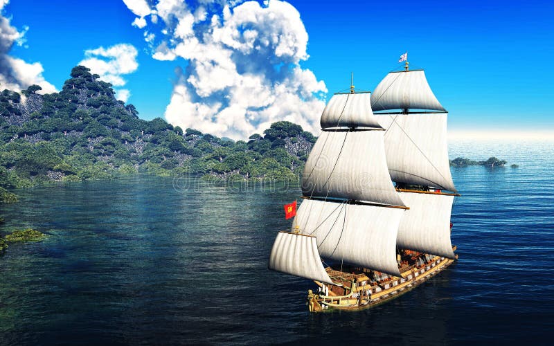 Pirate Ship and Active Volcano in 3d Illustration Stock Illustration ...