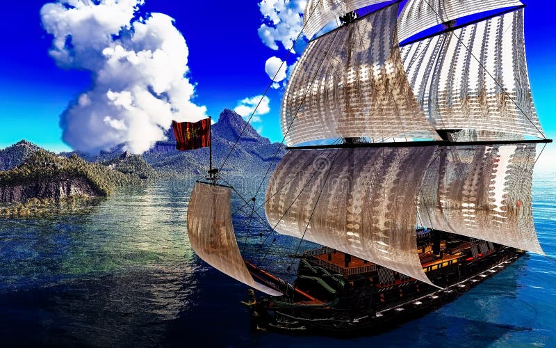 Pirate Ship and Active Volcano in 3d Illustration Stock Illustration ...