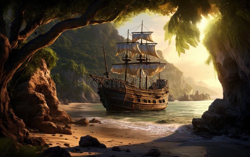 Pirate Ship at Anchor by the Shore of a Secret Location Stock ...