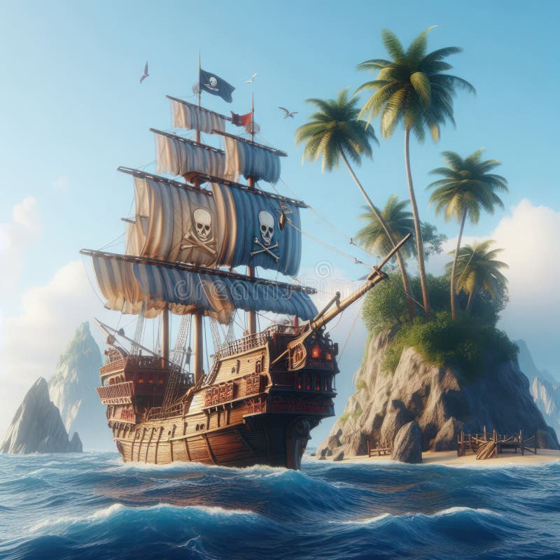 A Pirate Ship is Approaching the Island. Stock Illustration ...