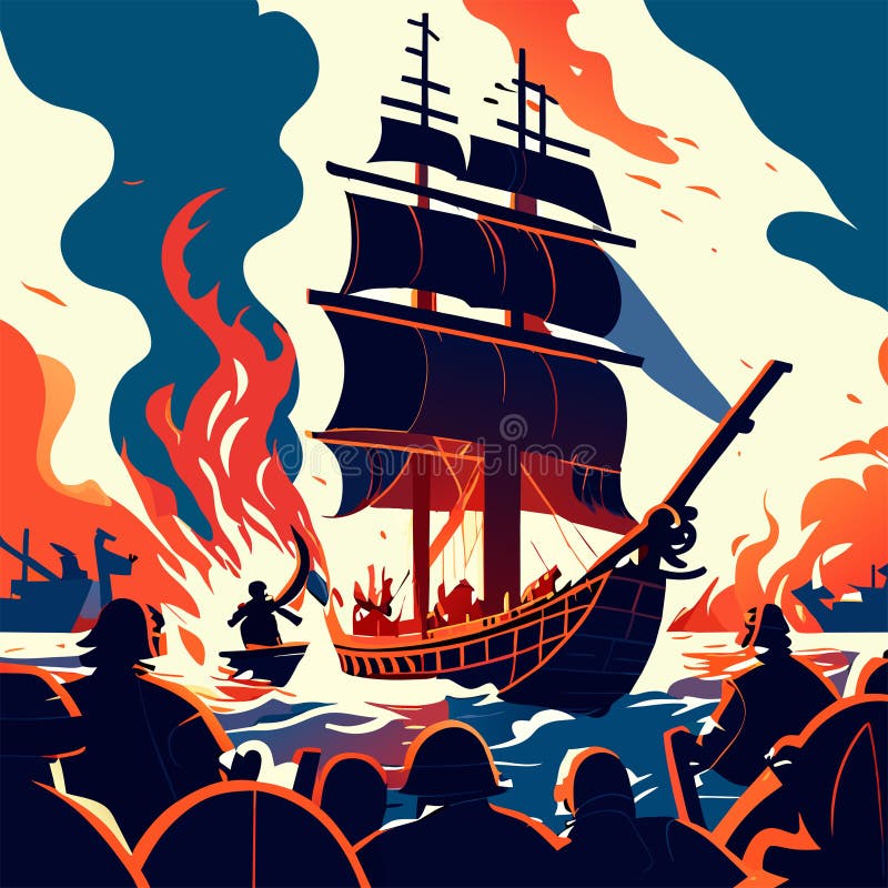Pirate Ship on the Sea at Sunset. Vector Cartoon Illustration Stock ...