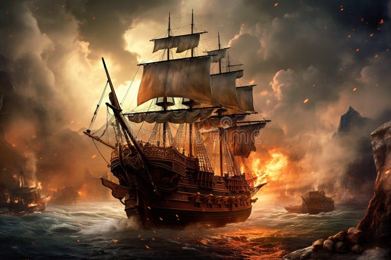 Pirate Ship Night Fire Stock Illustrations – 72 Pirate Ship Night Fire ...