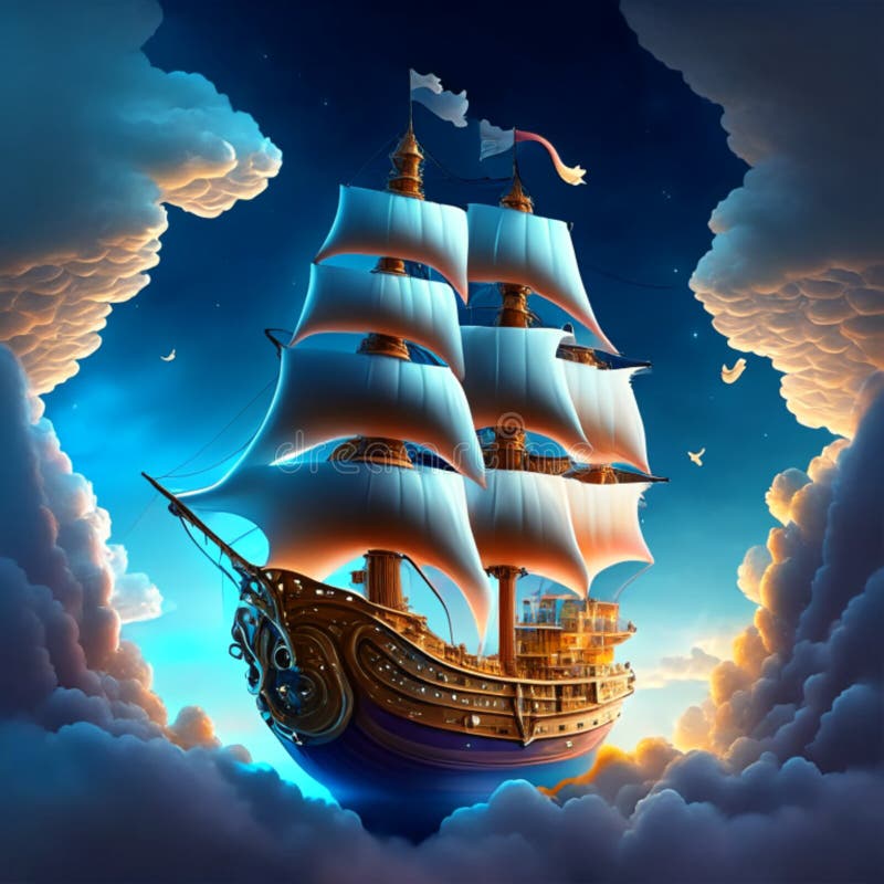 Pirate Ship in the Sky with Clouds. Vector Cartoon Illustration Stock ...