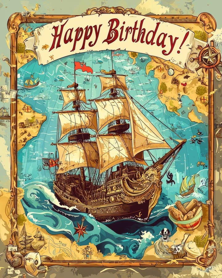 Pirate Ship 3D Card in Map Frame for Birthday Stock Illustration ...