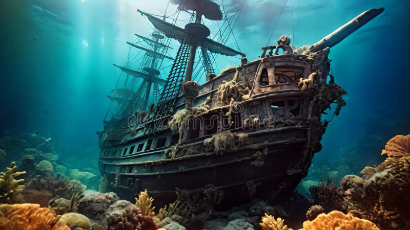 Pirate Ship in Deep Blue Sea with Corals and Algae, AI Generated Stock ...