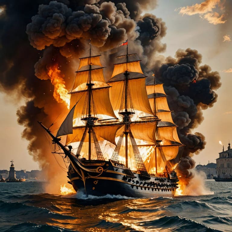 Pirate Ship Engulfed in Fire, with Smoke and Flames Billowing from it ...