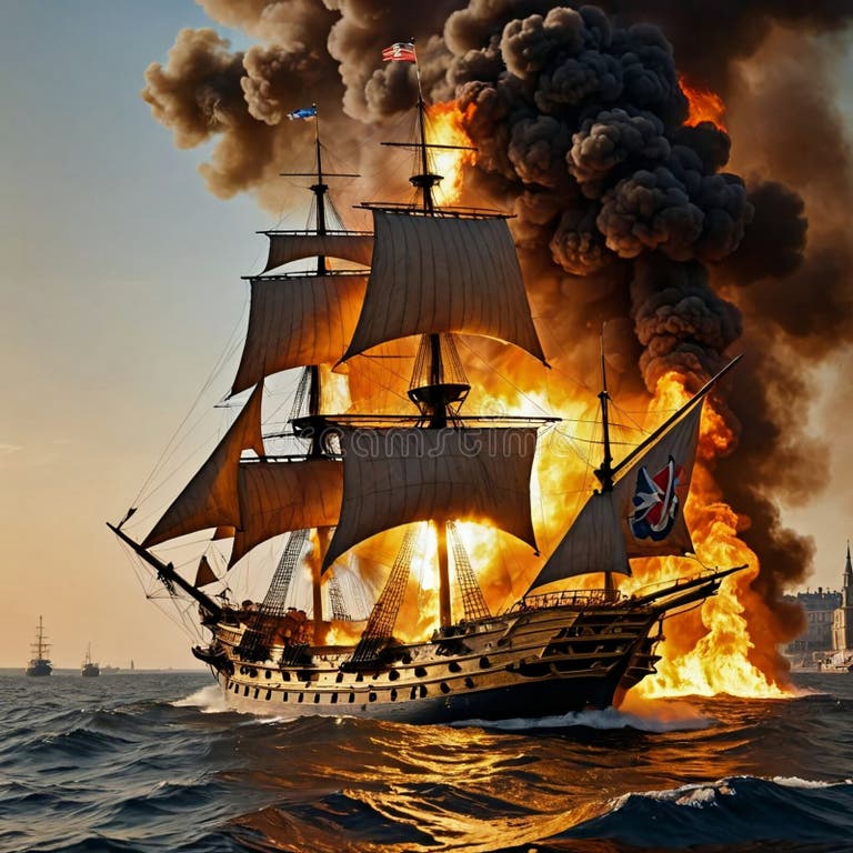 Pirate Ship Engulfed in Fire, with Smoke and Flames Billowing from it ...
