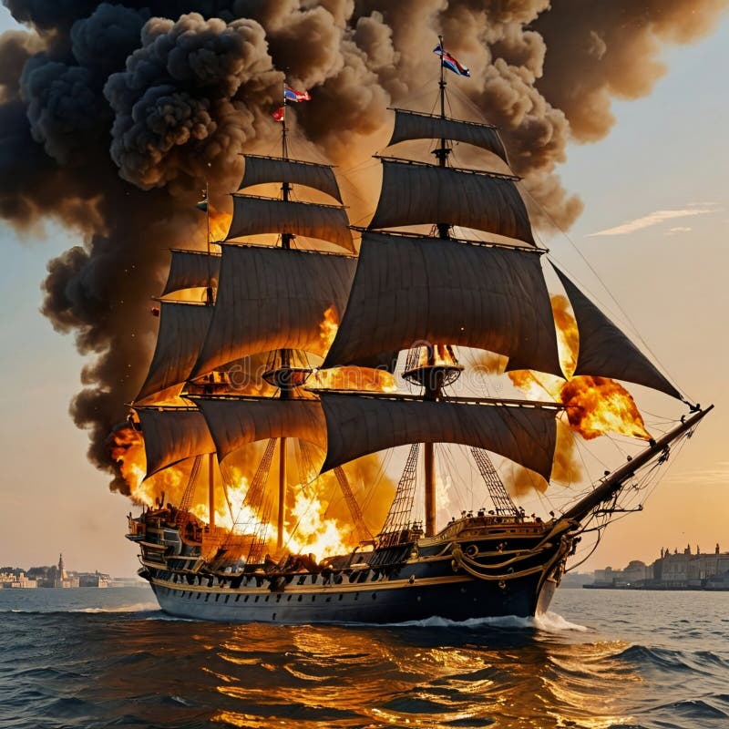 Pirate Ship Engulfed in Fire, with Smoke and Flames Billowing from it ...