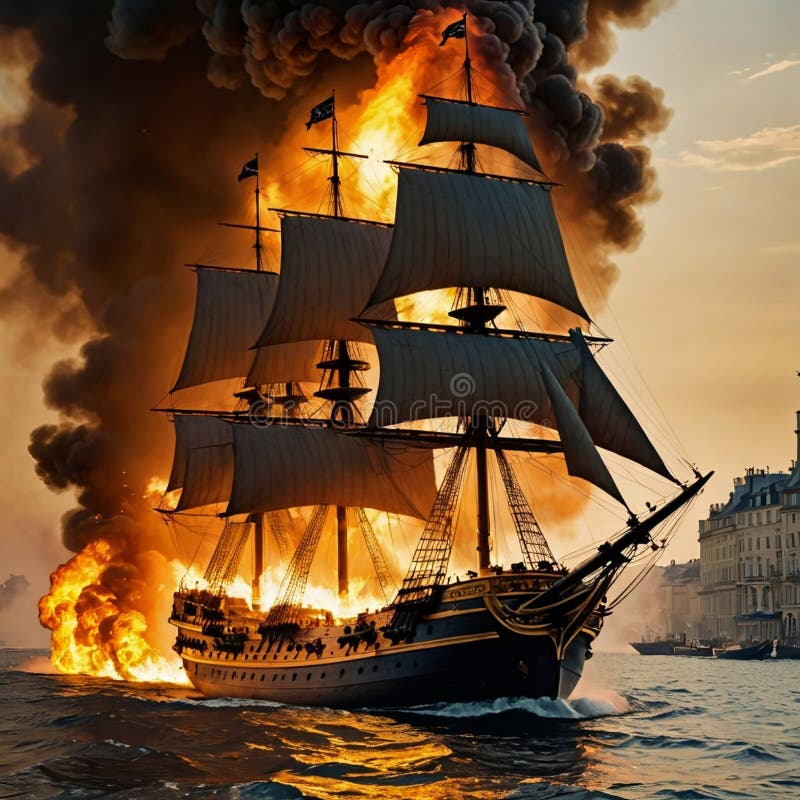 Pirate Ship Engulfed in Fire, with Smoke and Flames Billowing from it ...