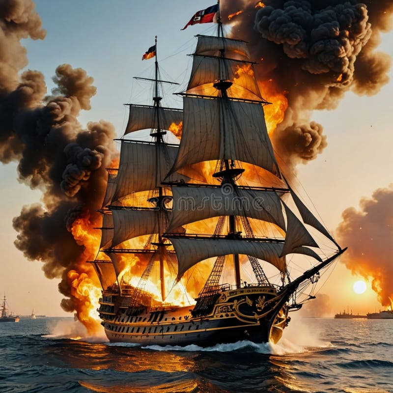 Pirate Ship Engulfed in Fire, with Smoke and Flames Billowing from it ...