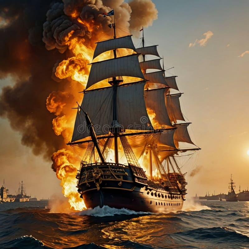 Pirate Ship Engulfed in Fire, with Smoke and Flames Billowing from it ...