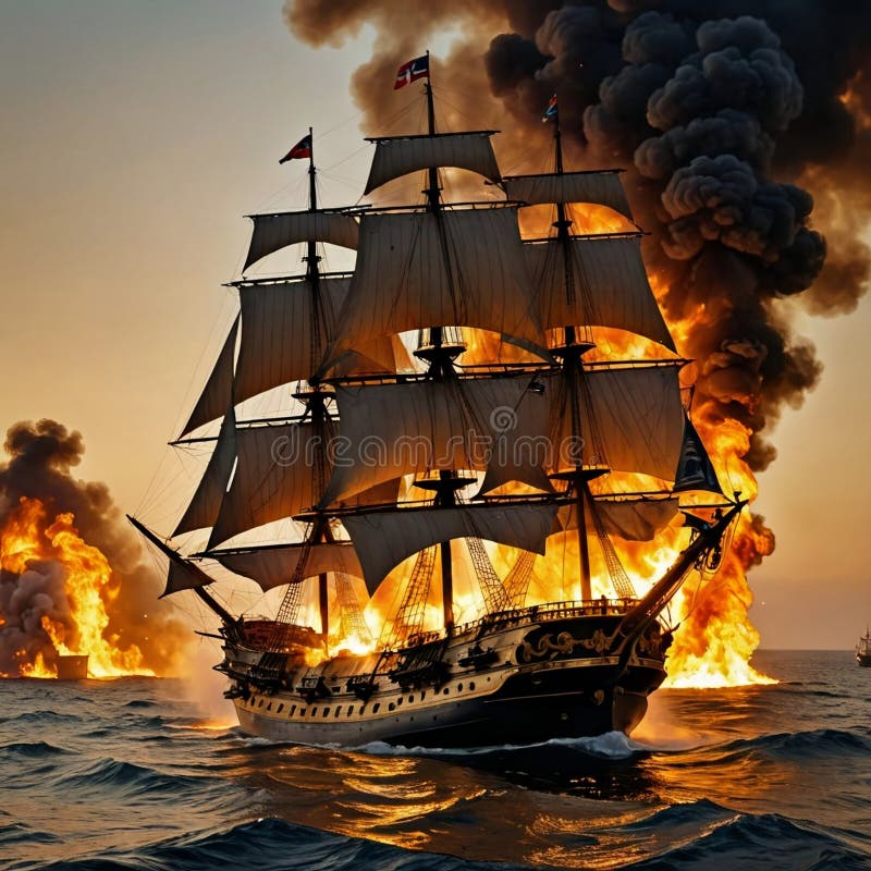 Pirate Ship Engulfed in Fire, with Smoke and Flames Billowing from it ...