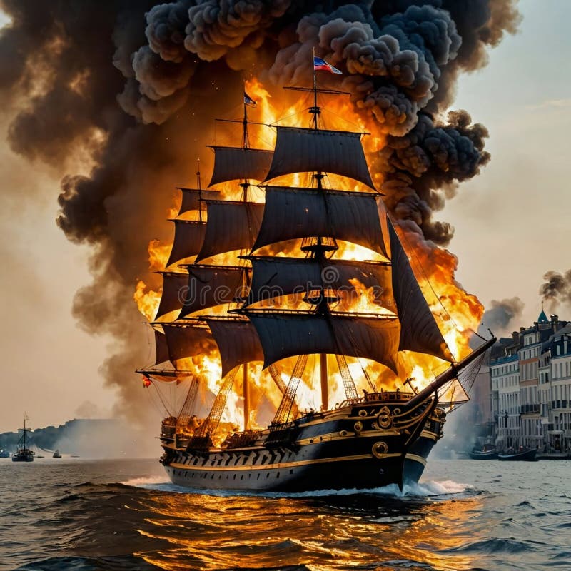 Pirate Ship Engulfed in Fire, with Smoke and Flames Billowing from it ...