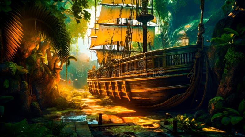 Pirate Ship Floating in the Middle of Forest Filled with Palm Trees ...