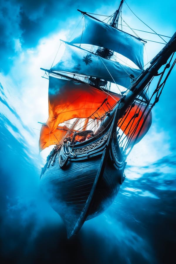 A Pirate Ship Floating in the Ocean Under a Cloudy Sky Stock Image ...