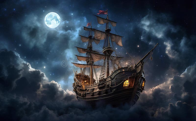 A Pirate Ship Flying through the Clouds in the Night Sky Stock ...