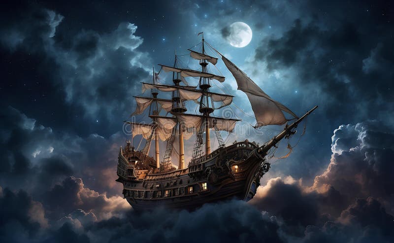 A Pirate Ship Flying through the Clouds in the Night Sky Stock ...